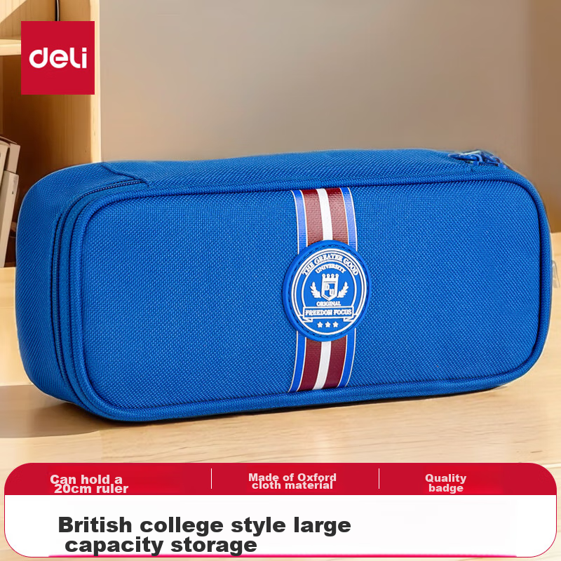 Deli Large Capacity Pencil Case for Elementary School Students, Children's Classic School Pencil Box, Multi-Purpose Stationery Case, Pencil Storage Bag, Vertical Striped Blue