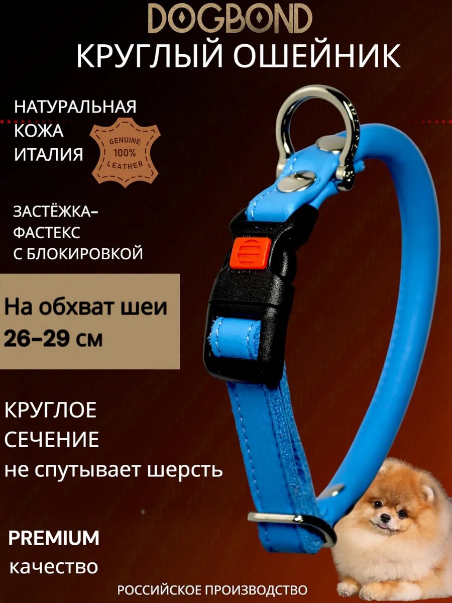 Dogbond Ошейник для шпица круглый кожаный 26-29 см