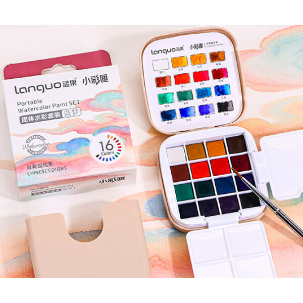 Карманный набор акварели Languo в пластиковом пенале, с кистью и палитрой, "Chinese"