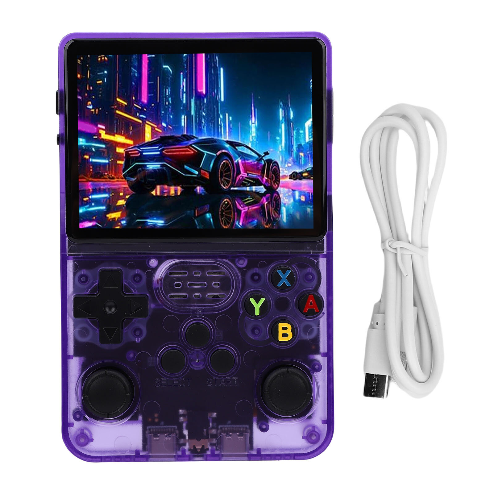 Портативная ретро-игровая консоль с двумя 3D-джойстиками, 3,5-дюймовым экраном 640x480, поддержкой более 10 эмуляторов, аккумулятором 3000 мАч, 128 г, фиолетового цвета.
