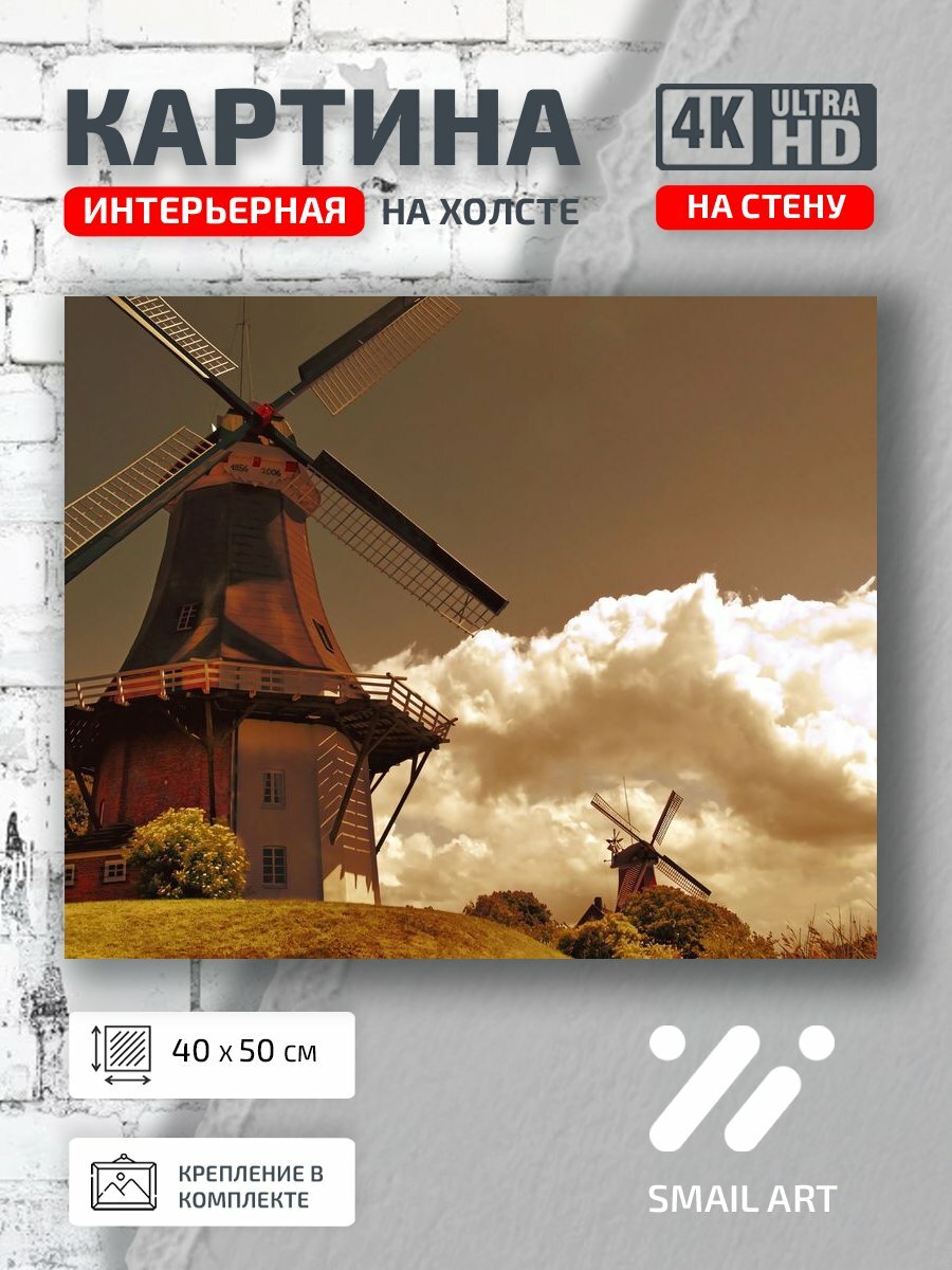Картина на холсте интерьерная 40 на 50 на стену Мельница City для офиса урбанистика декор