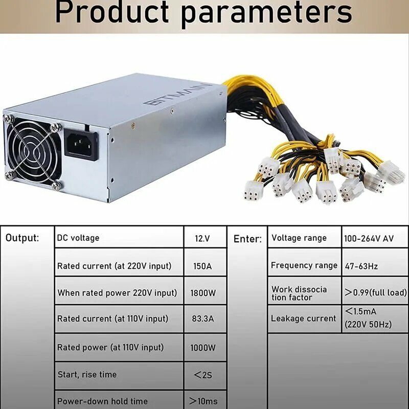 Блок питания APW7 1800 Вт совместим с майнинга Bitmain Antminer S9/L3+/A6/A7/R4/S7/E9 разъемами 10X PCI-E 6Pin