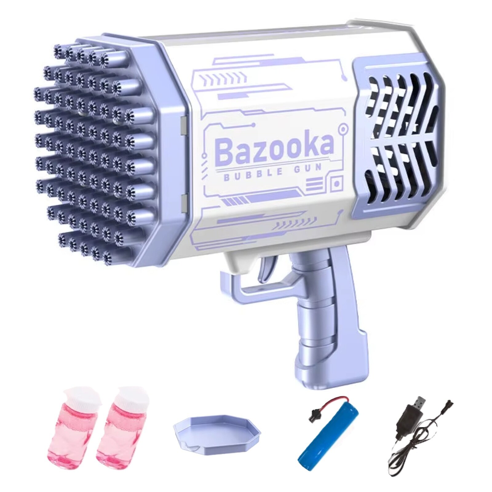 69 hole Gatling bubble machine (pink), dimensions 24cm × 24cm × 14cm, with rocket and bazooka elements, hollowed-out carving, detachable components, tray, two bubble water bottles, lithium battery pack, charging cable