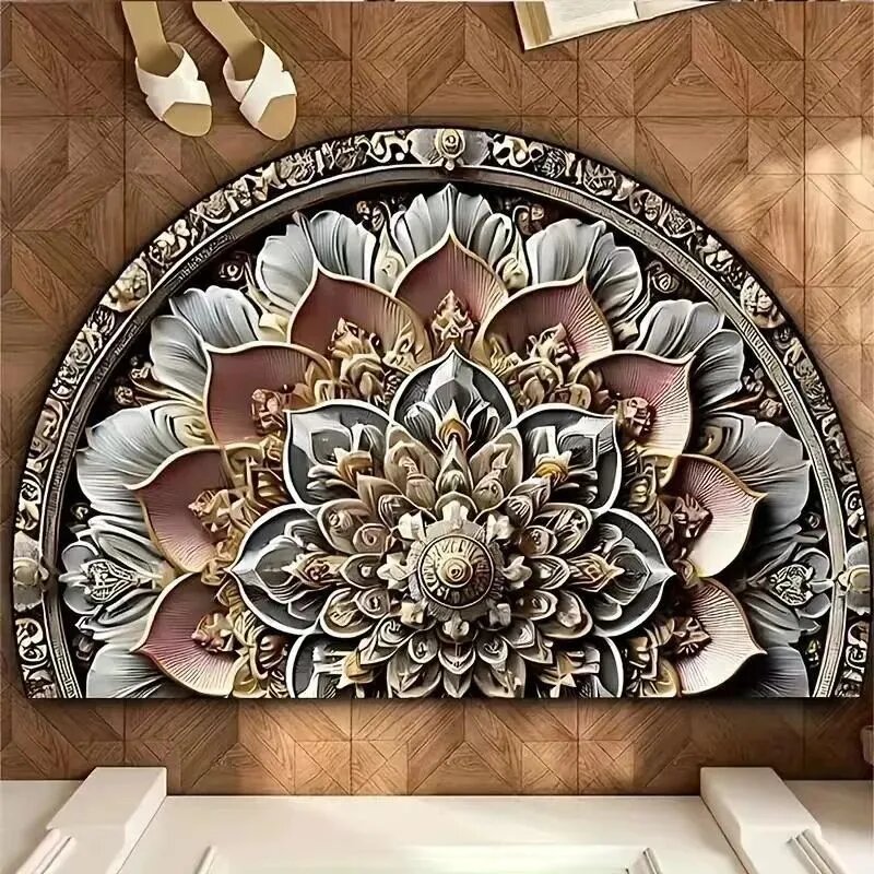 Придверный коврик 60×90 см полукруглый с объемным узором мандалы лотоса, декоративный ковер для прихожей