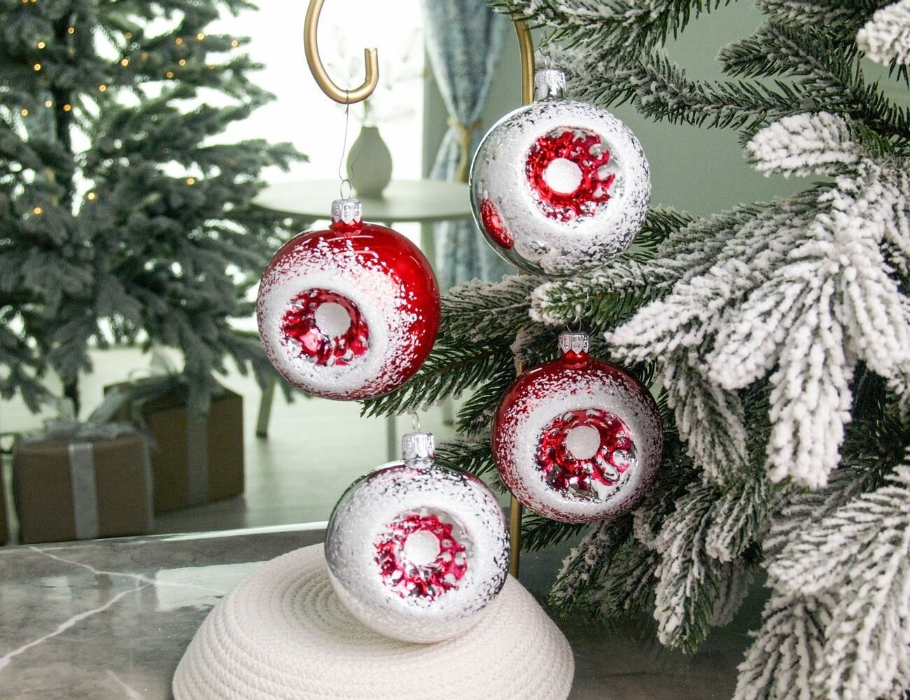 Набор стеклянных шаров лучистый, красный, 75 мм, 4 шт, Елочка С428-кр