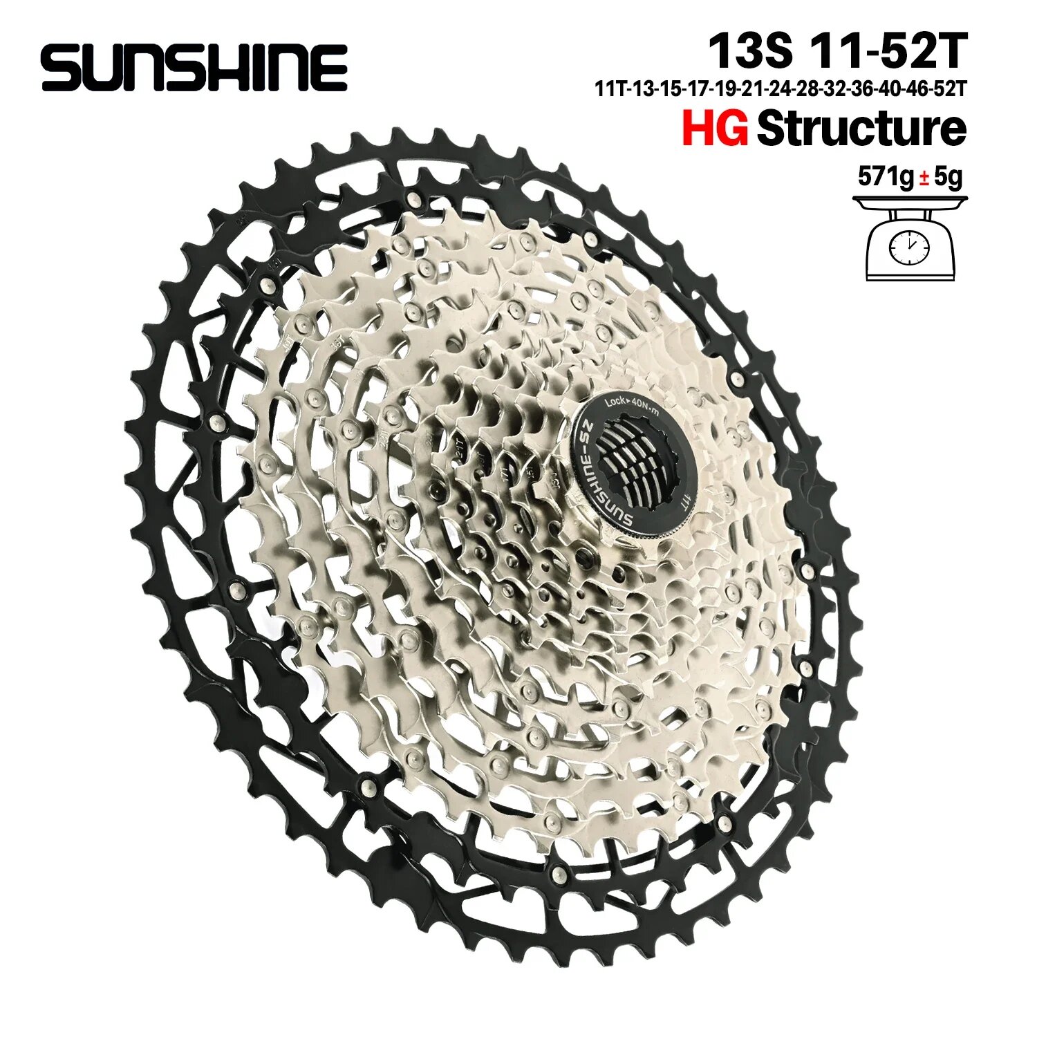 Кассета SUNSHINE 13S 11-52T HG серебристо-черная