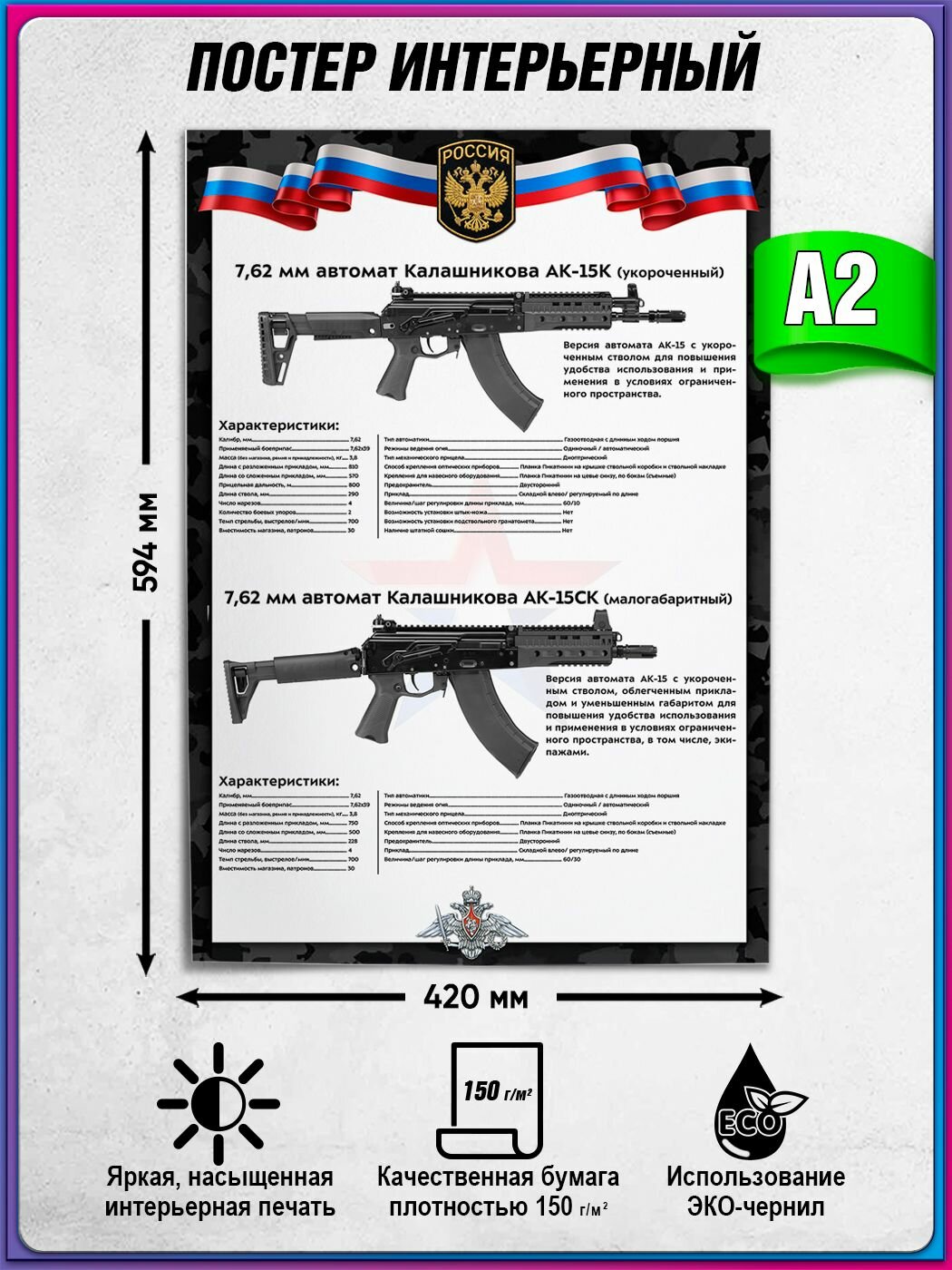 Плакат "АК-15К-КС" / Информационный постер с ТТХ оружия / Интерьерный плакат о российском оружие / А2 (42х60 см.)