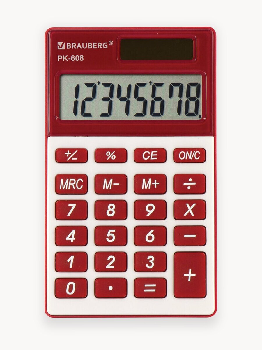 Калькулятор карманный BRAUBERG PK-608-WR (107x64 мм), 8 разрядов, двойное питание, бордовый, 250521