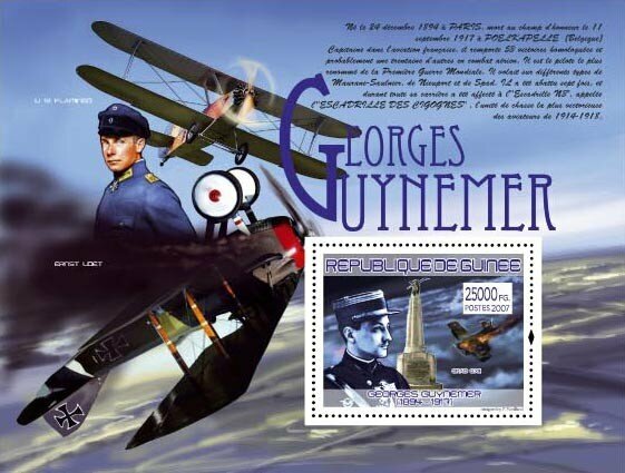 Почтовые марки Гвинея 2007г. "Пилот Жорж Гинемер, 1894-1917" Летчики, Самолеты MNH