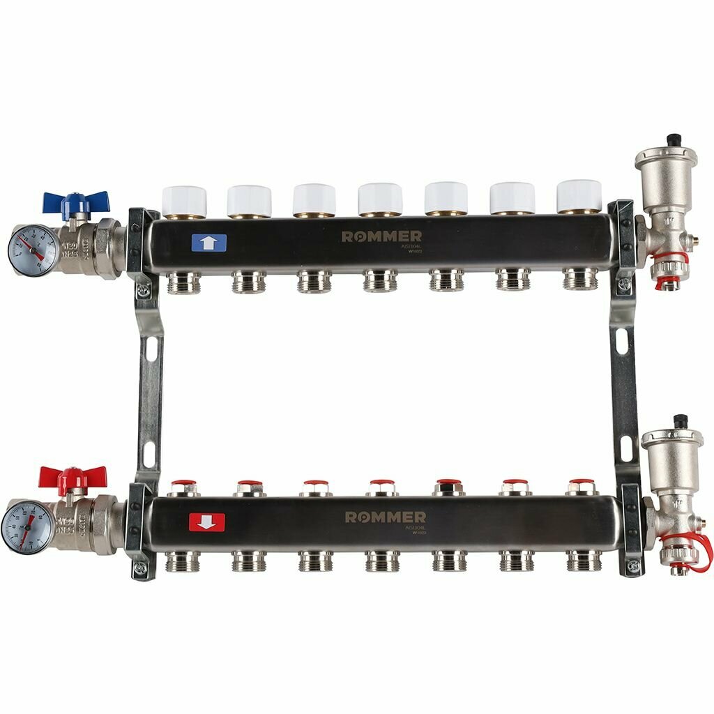 Коллектор для теплого пола ROMMER RMS-3210-000007 из нержавеющей стали в сборе без расходомеров 7 вых.