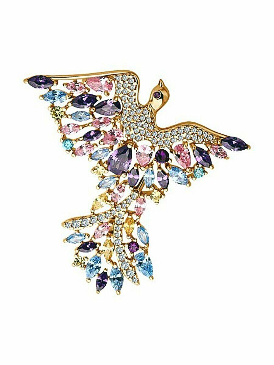 Брошь, серебро, 925 проба, золочение, фианит