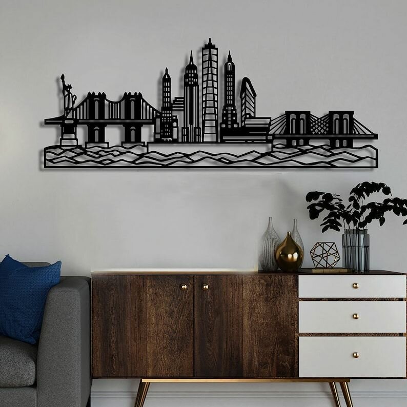 Декоративное панно деревянное, Силуэт Нью-Йорка (черный цвет)