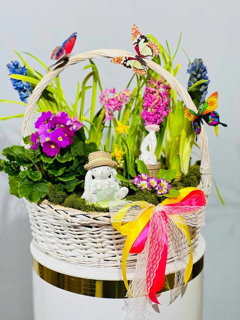 Весенняя композиция / Огромная корзина с первоцветами. Примула, амариллис, нарцисс и гиацинт