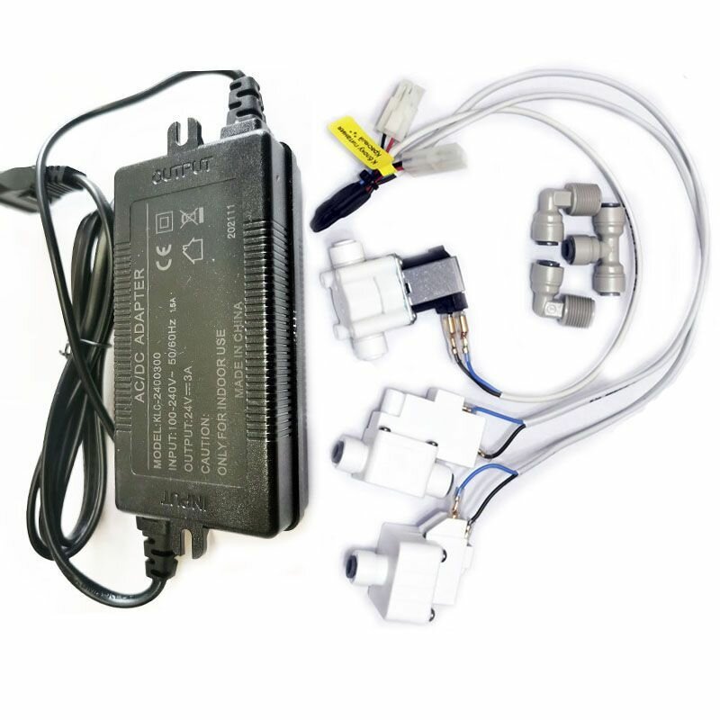 Блок питания 24В 3А, соленоидный клапан, набор датчиков ITiger, фитинги ITiger и клемы для помпы 100-300 gpd обратного осмоса.