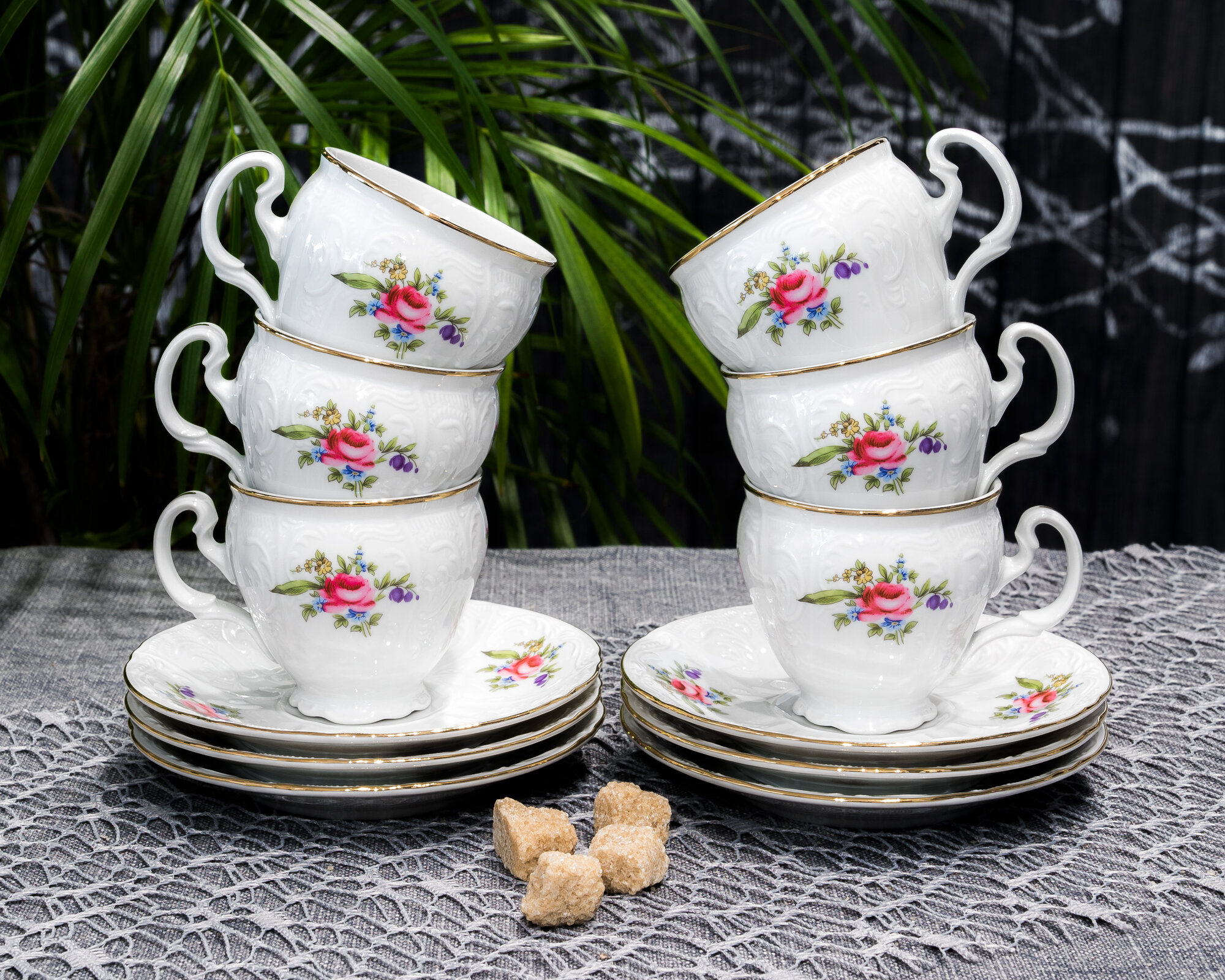 Чайный набор посуды на 6 персон Bernadotte Мейсенский Букет 240 мл, 12 предметов: 6 чашек и блюдец для чая и кофе, подарочный белый фарфор Бернадотт Чехия
