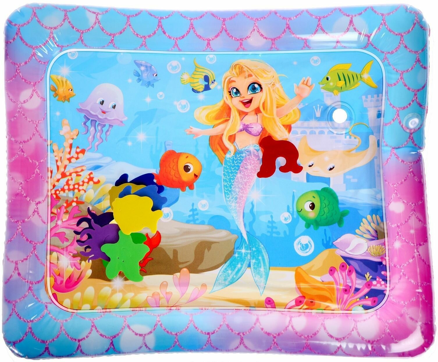 Акваковрик развивающий для малышей "Милая русалочка", водный (водяной) коврик с мягкими фигурками рыбок внутри, для развития мелкой моторики, 60х50 см