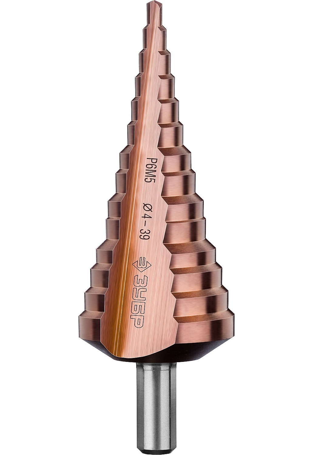 ЗУБР Кобальт, 4-39 мм, 14 ступеней, сталь Р6М5, кобальтовое покрытие, ступенчатое сверло, Профессионал (29672-4-39-14)