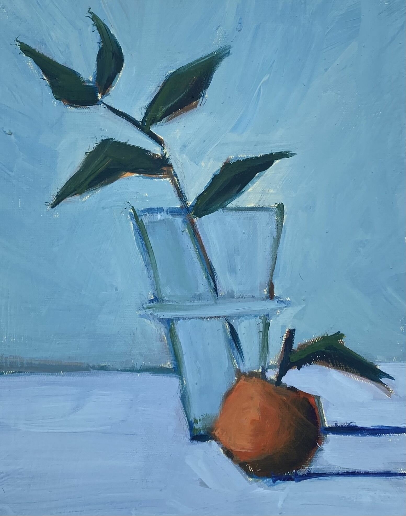 Стакан с ветвью и мандарин, холст маслом современный художник Петербург Черешня натюрморт