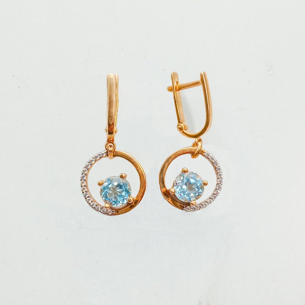 Серьги с подвесками красное золото, 585 проба, топаз, фианит