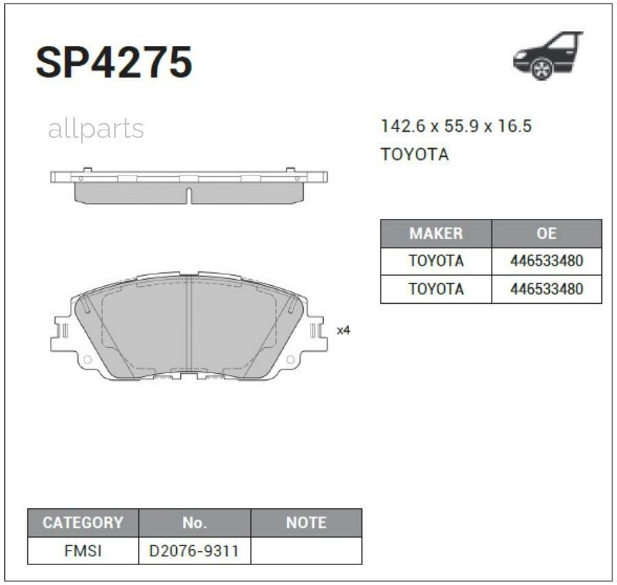 SANGSIN BRAKE SP4275 Колодки тормозные дисковые, передние