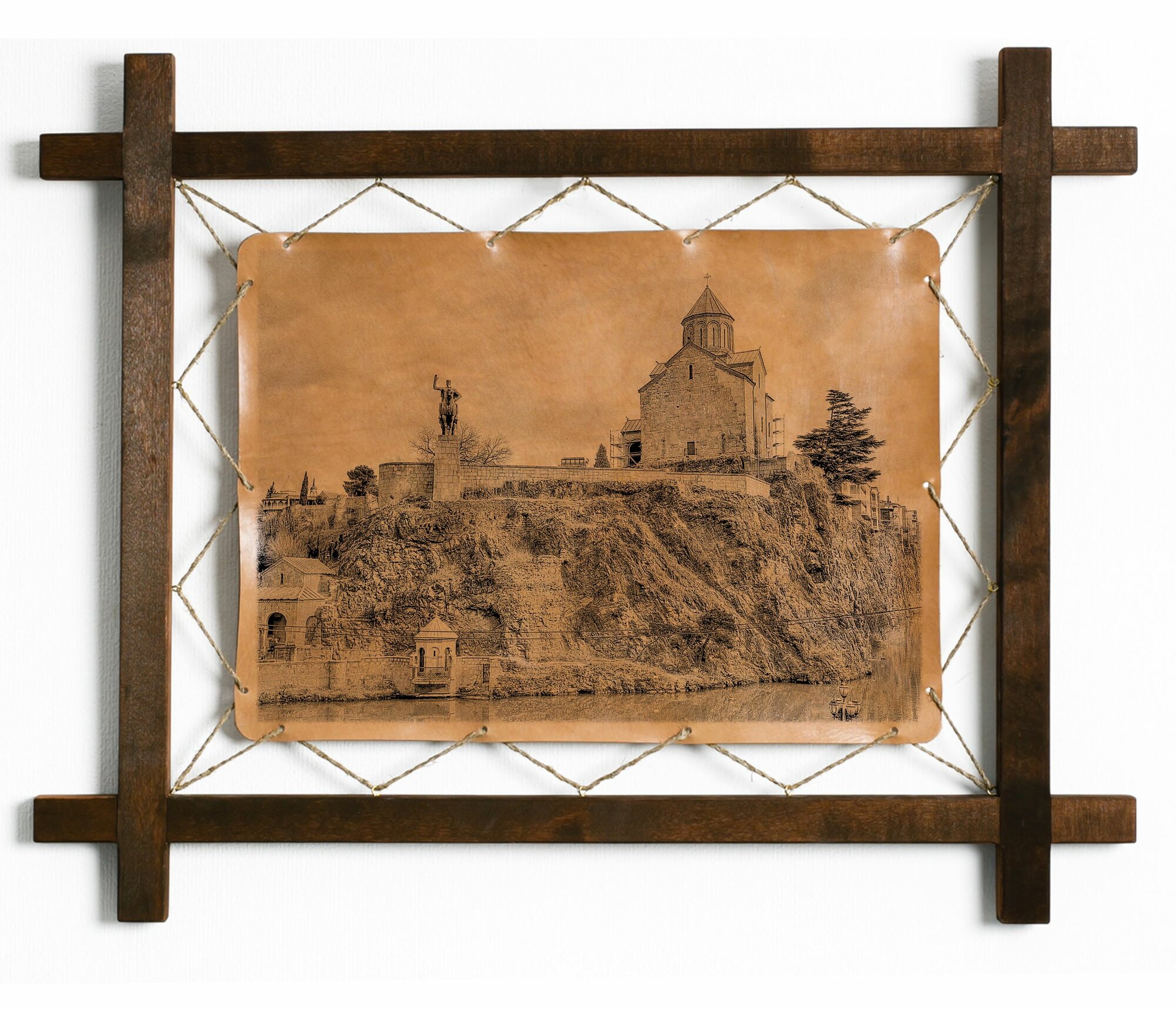 Интерьерная картина из натуральной кожи "Храм Метехи в Тбилиси", декоративное настенное панно в деревянной раме, BoomGift