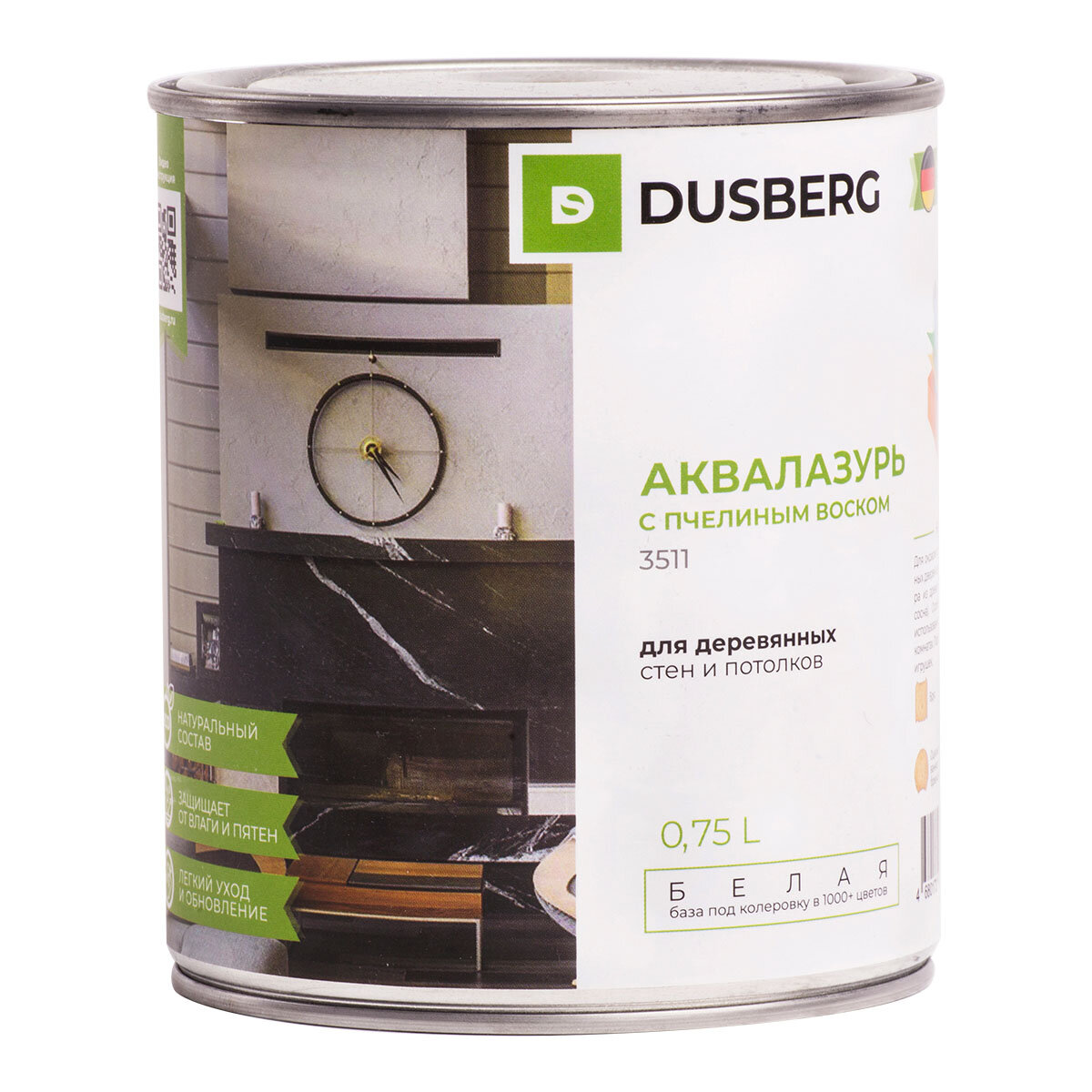 Аквалазурь DUSBERG 3511 с пчелиным воском для дерева, белый 0,75л