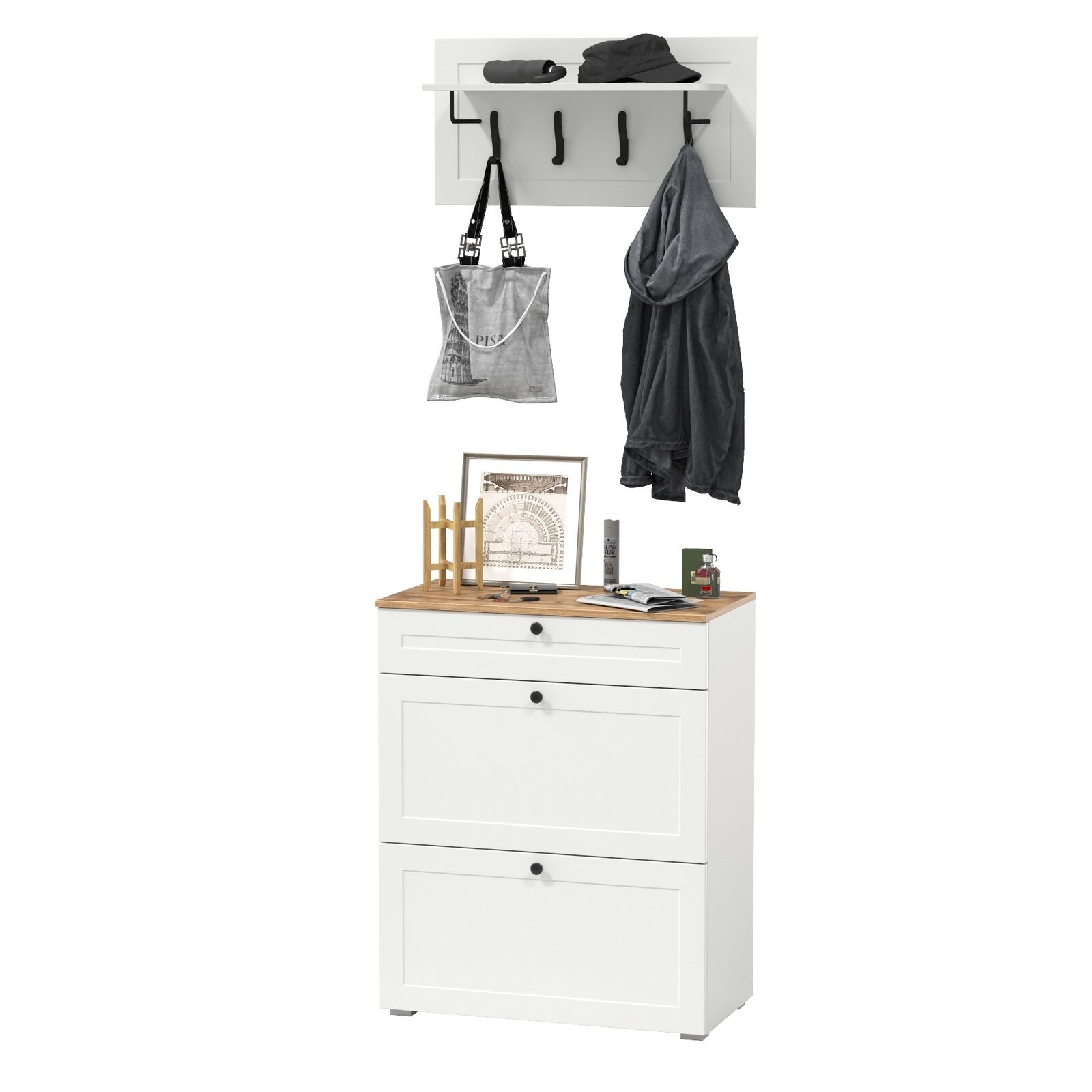 Прихожая мебель в коридор Mobi Остин (тумба для обуви 16.121 с вешалкой 15.12 ) цвет белый шагрень/дуб крафт золотой