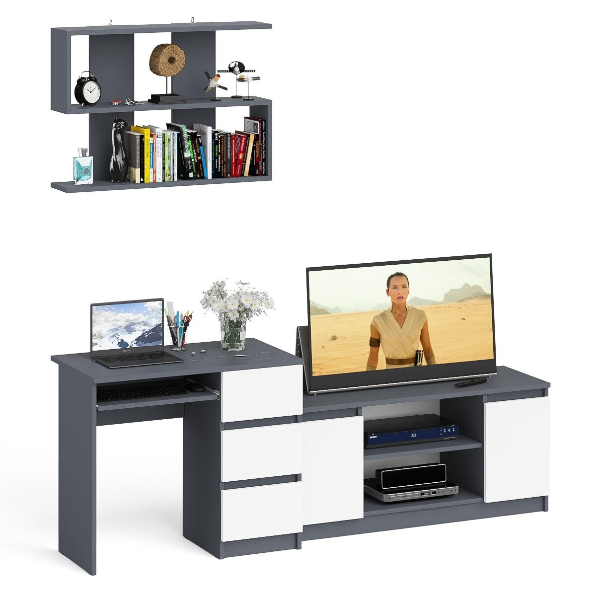 Стол компьютерный Мори МС-6 правый + Тумба МТВ1200.1 + Полка 900, цвет графит/белый
