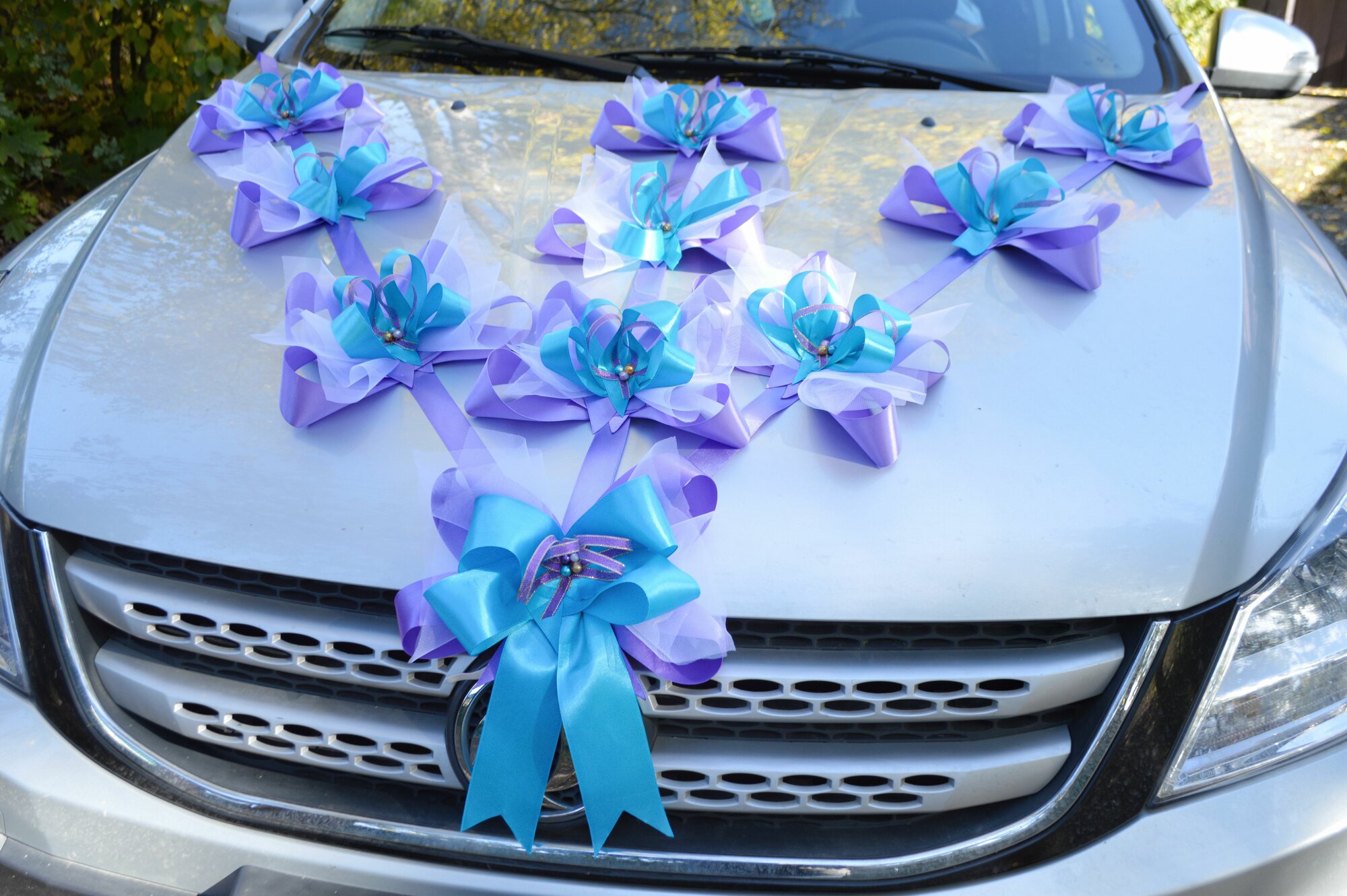 Свадебное украшение для авто с атласными бантами, сиреневый/лазурный