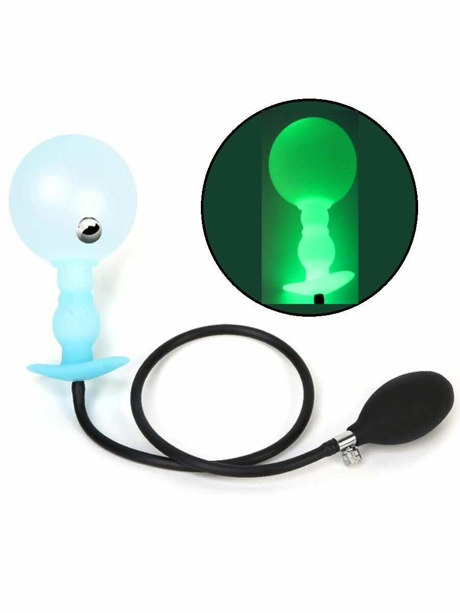 Светящаяся надувная анальная пробка-расширитель с грушей и со смещенным центром тяжести, 12.4см