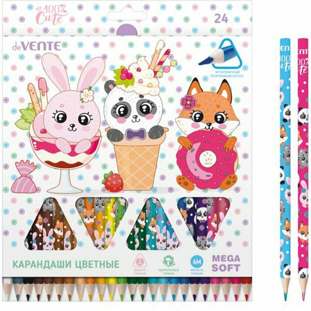 Карандаши цвет. 24цв deVENTE 100% Cute" 4М трёхгранные