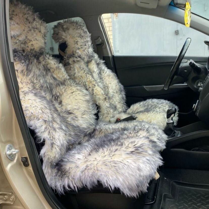 Накидки чехлы на сиденье авто мех натуральная овчина, длинный ворс, набор 2 шт. Серый (48001)