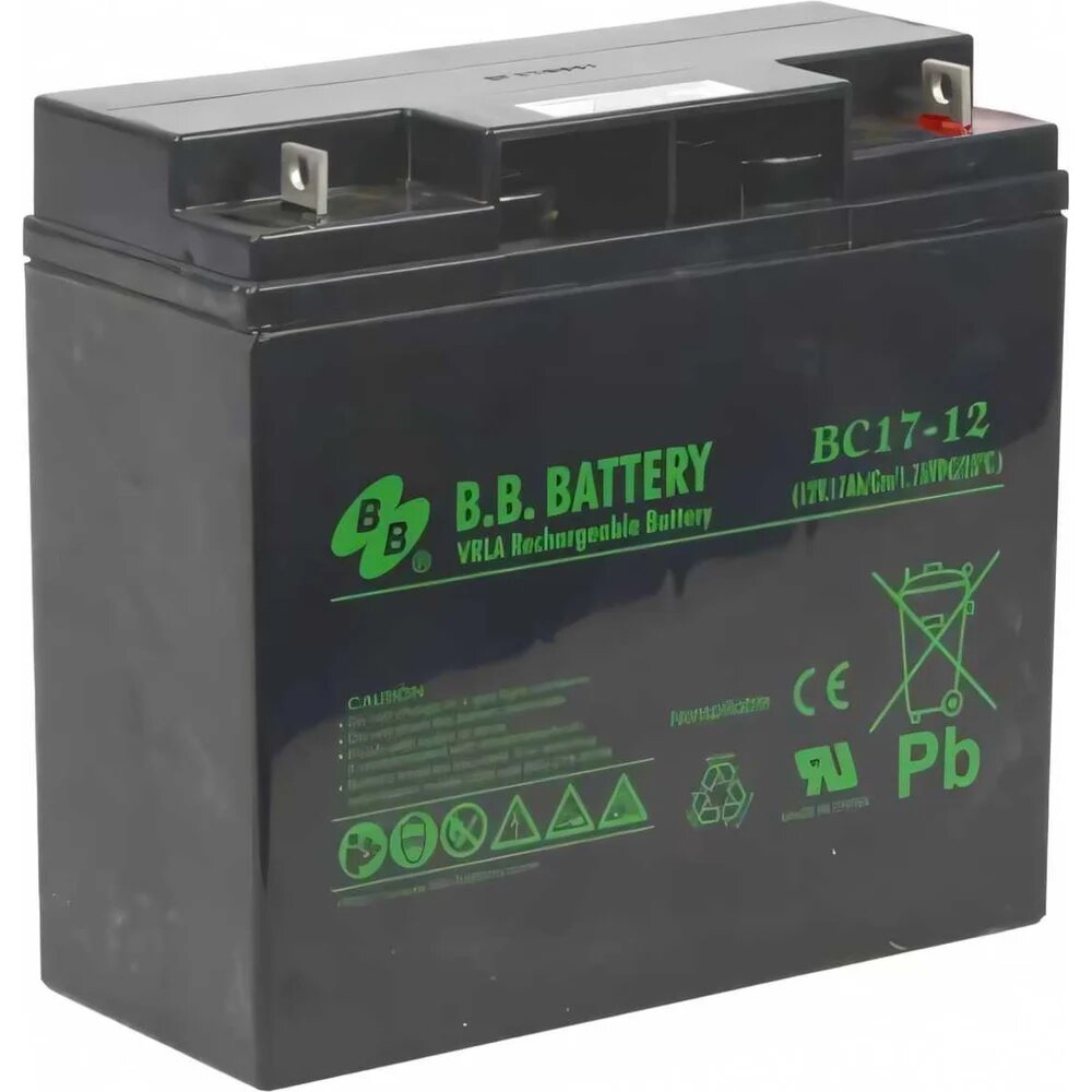 Аккумуляторная батарея 12 В, 17 Ач BB Battery BC 17-12, серый, ударопрочный, 255 А, 5.1 12В обратная полярность с болтовыми клеммами технология AGM