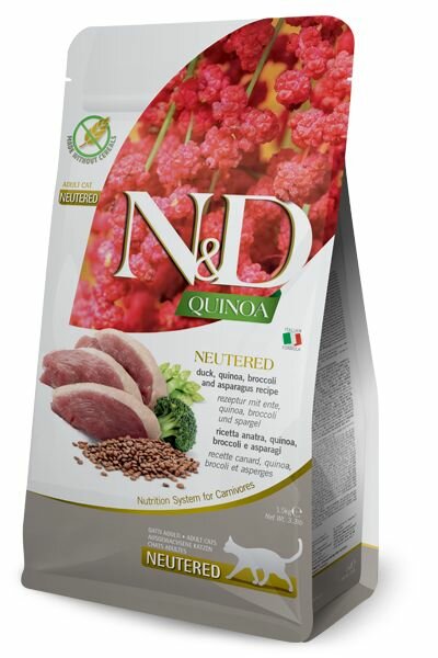 Корм сухой для кошек Farmina N&D Cat Quinoa Nutered Duck утка с киноа, брокколи и спаржей беззерновой для стерилизованных и кастрированных, 1,5 кг