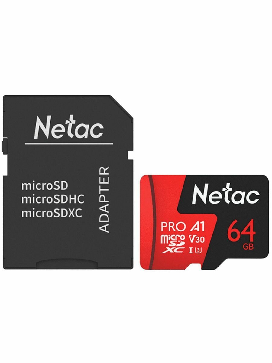 Карта памяти Netac MicroSD P500 Extreme Pro Class 10 UHS-I A1 V30 (100 Mb/s) + SD адаптер, 64GB