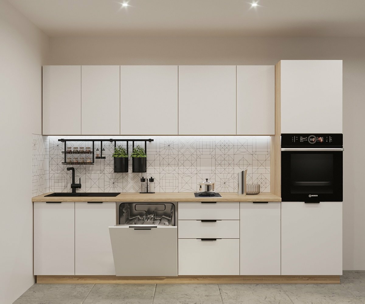 Кухонный гарнитур Фаска Тальк, 2900 мм, с пеналом для бытовой техники