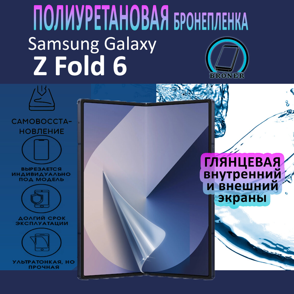 Полиуретановая бронепленка для Samsung Galaxy Z Fold6 / Защитная плёнка на внутренний и внешний экраны, без выреза под камеру / Глянцевая