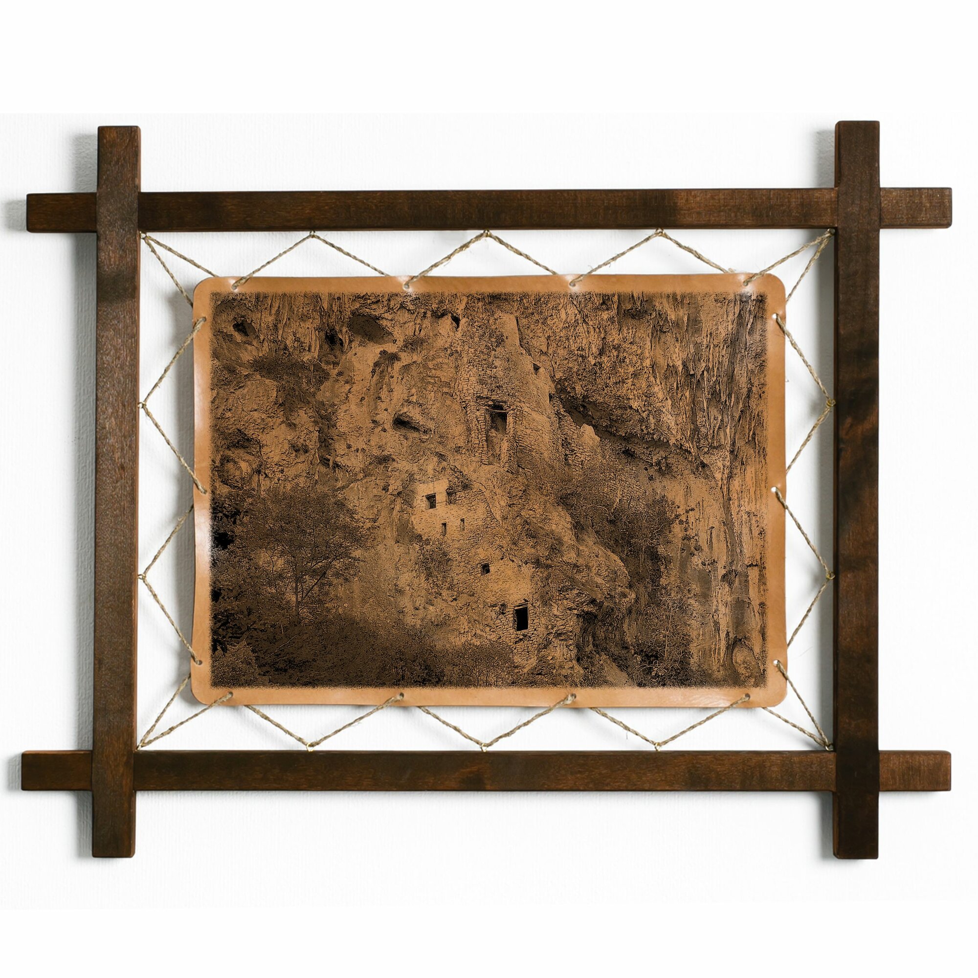 Интерьерная картина из натуральной кожи "Отхарский скальный монастырь", декоративное настенное панно в деревянной раме, BoomGift