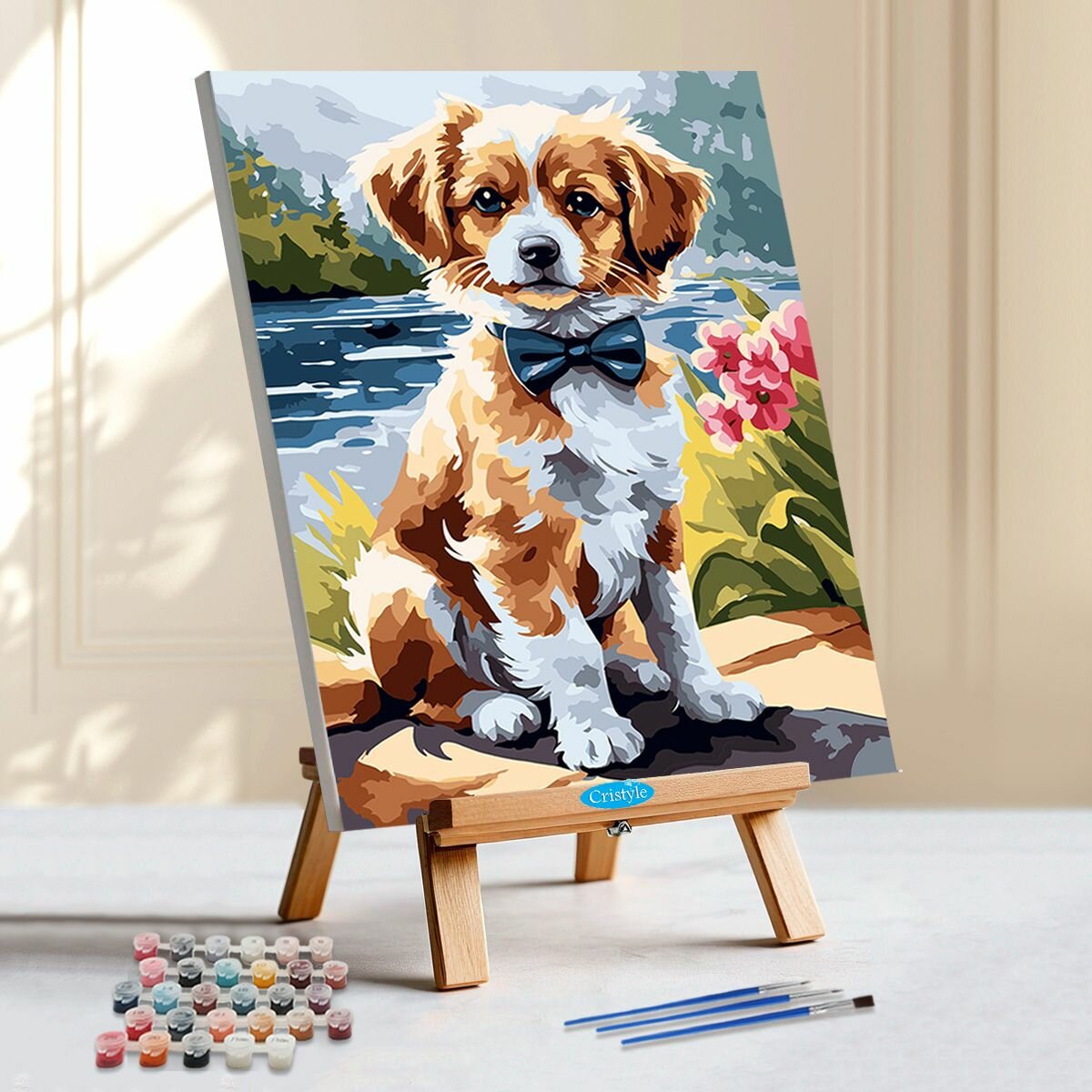 Картина по номерам Cristyle ST018, 'Щенок в галстуке-бабочке на солнце', 30*40 см