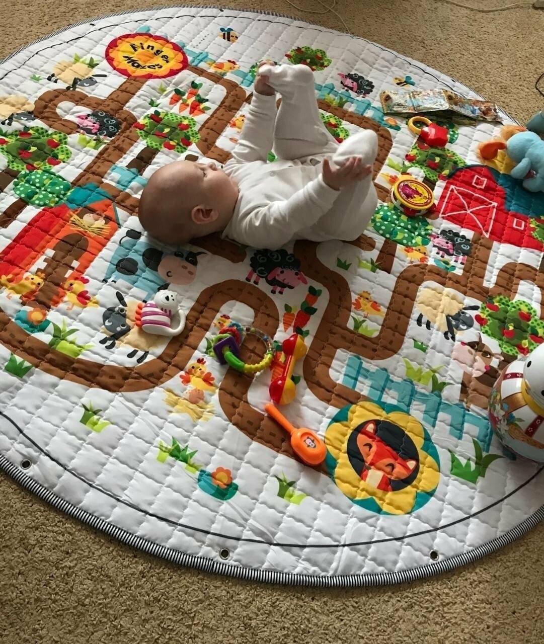 Коврик детский для ползания малыша - мешок для хранения игрушек, круглый, диаметр 150 см, "Ферма"