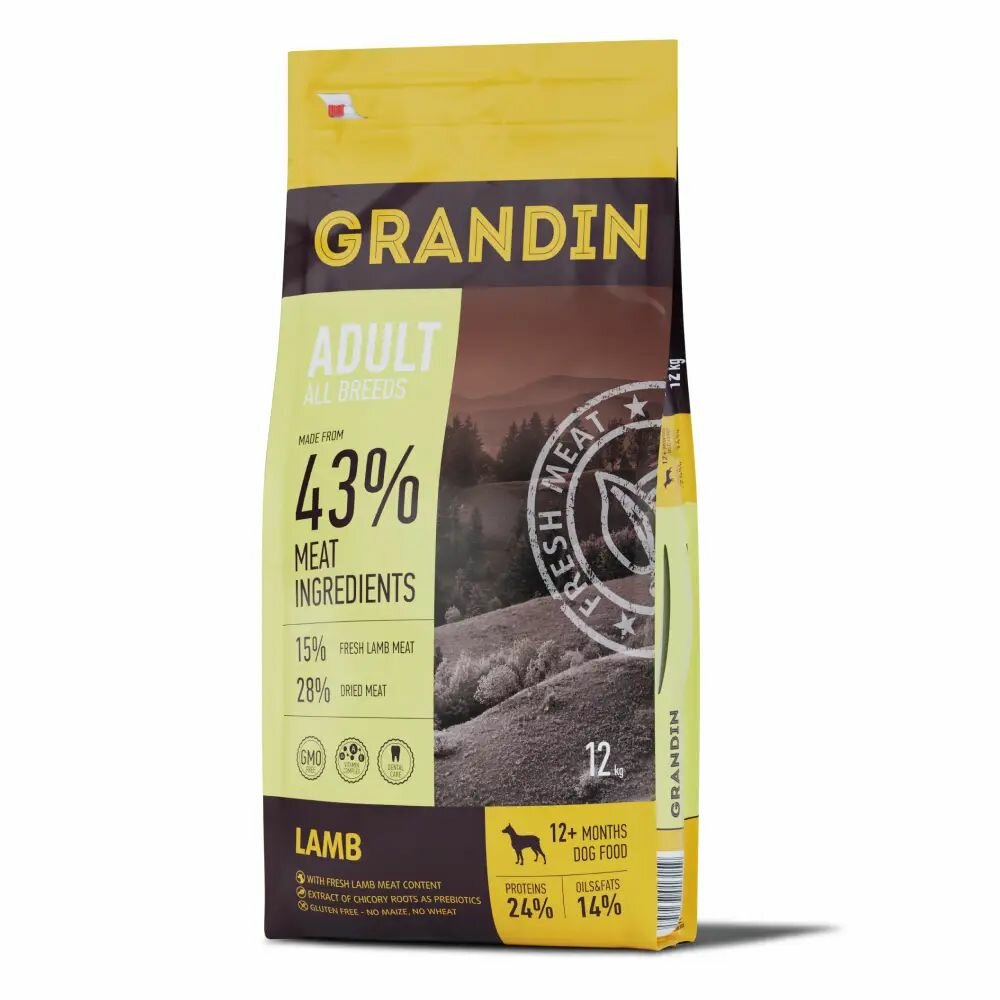 Сухой корм Grandin Сухой взрослых собак всех пород, с ягненком, 12 кг