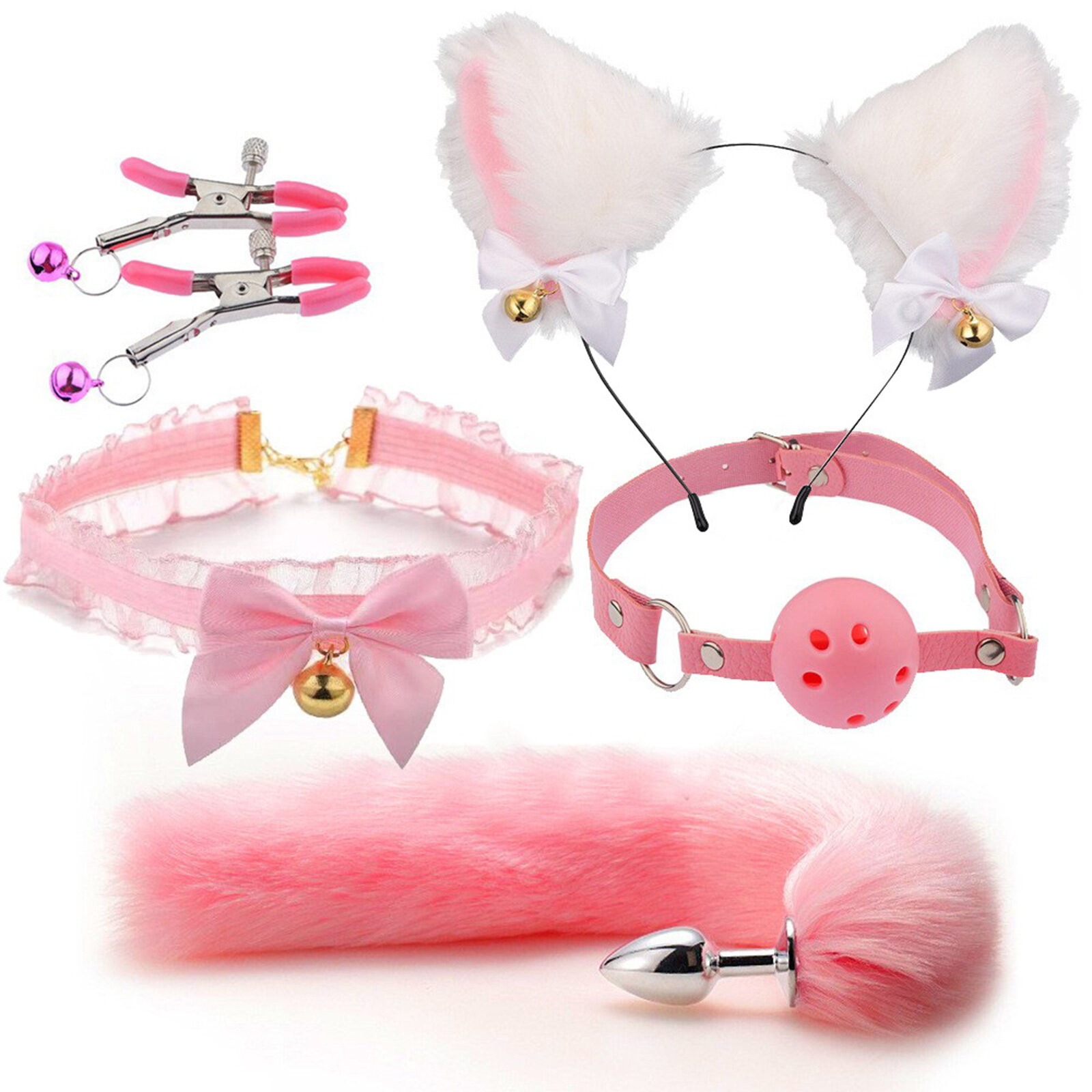 Adult Games Sex Toys BDSM Bondage Slave Restraints Ear Cat Hairband Neck Collar Mouth Gag Nipple Clamp Anal Plug For Couples