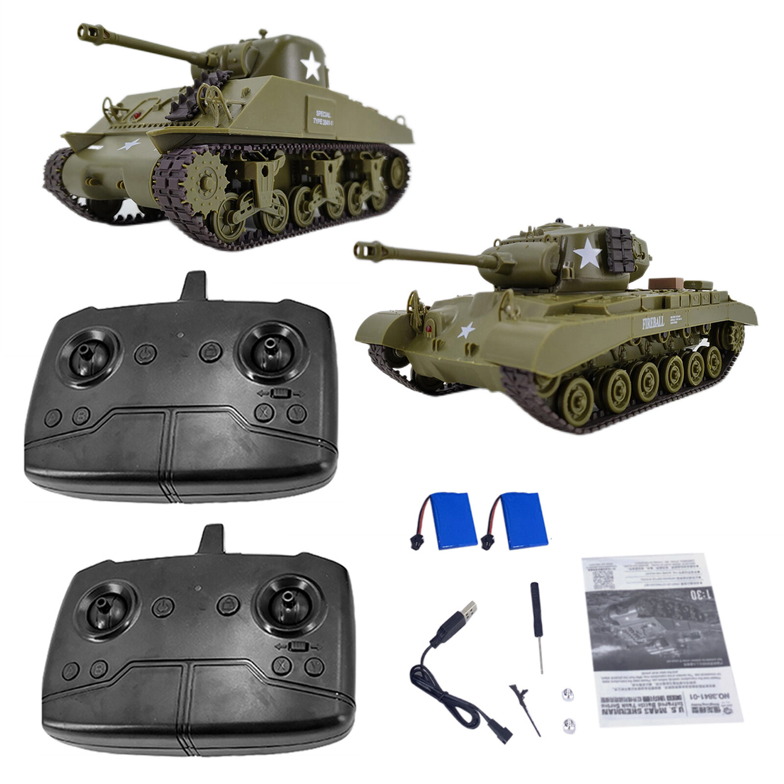 2 шт. грузовика с дистанционным управлением 2,4 ГГц, танк с дистанционным управлением, вращающаяся на 320° башня, имитация звука и света.