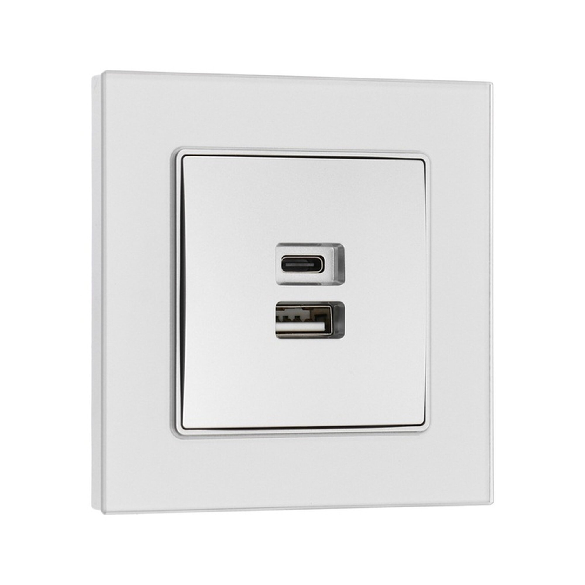 Розетка с USB-A + USB-C разъёмами, 2.1 A, 5В, TOT Glossy Glass, скрытая, стекло, серебристая 10439