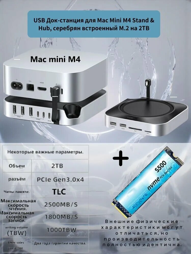 USB Док-станция для Mac Mini M4 Stand & Hub, серебрян встроенный M.2 на 2TB