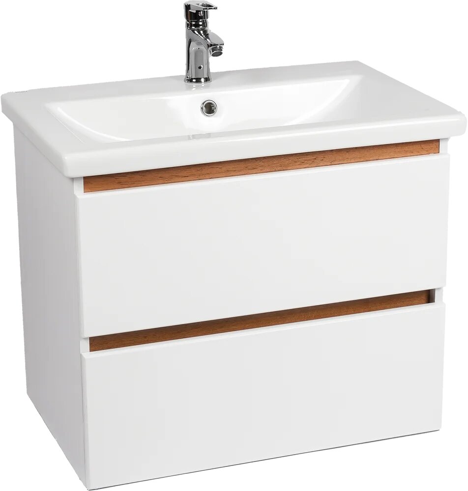 Тумба с раковиной VIANT Мальта 60 подвесная, 60 см, белая, светлое дерево, матовая, из МДФ, с ящиками, раковина для ванной фарфоровая, прямоугольная, встроенный слив-перелив