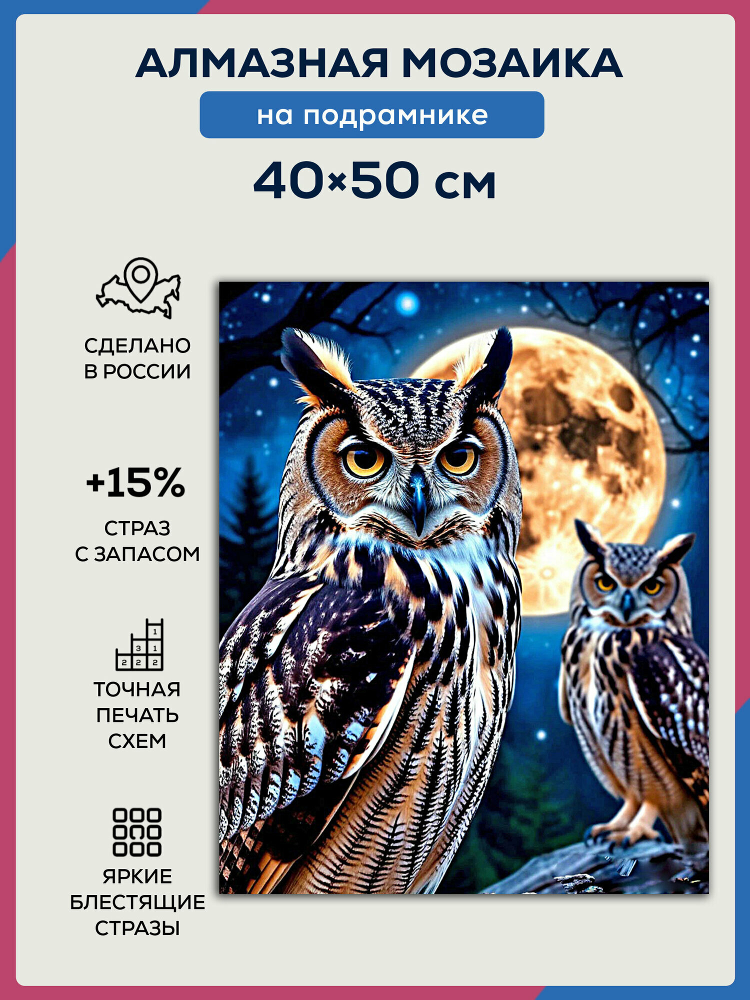 Алмазная мозаика Совы 40х50 на подрамнике