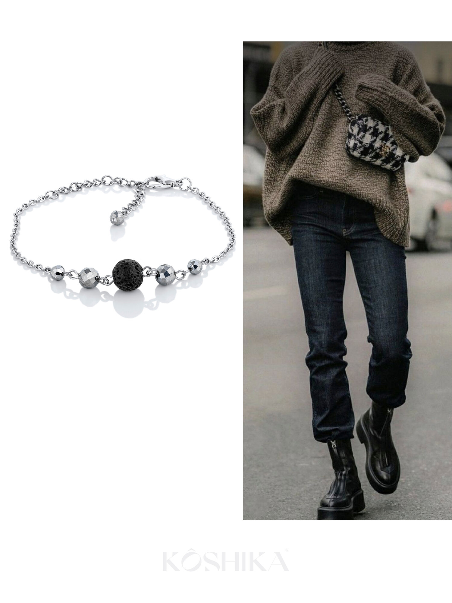 Браслет-цепочка, марказит, вулканическая лава