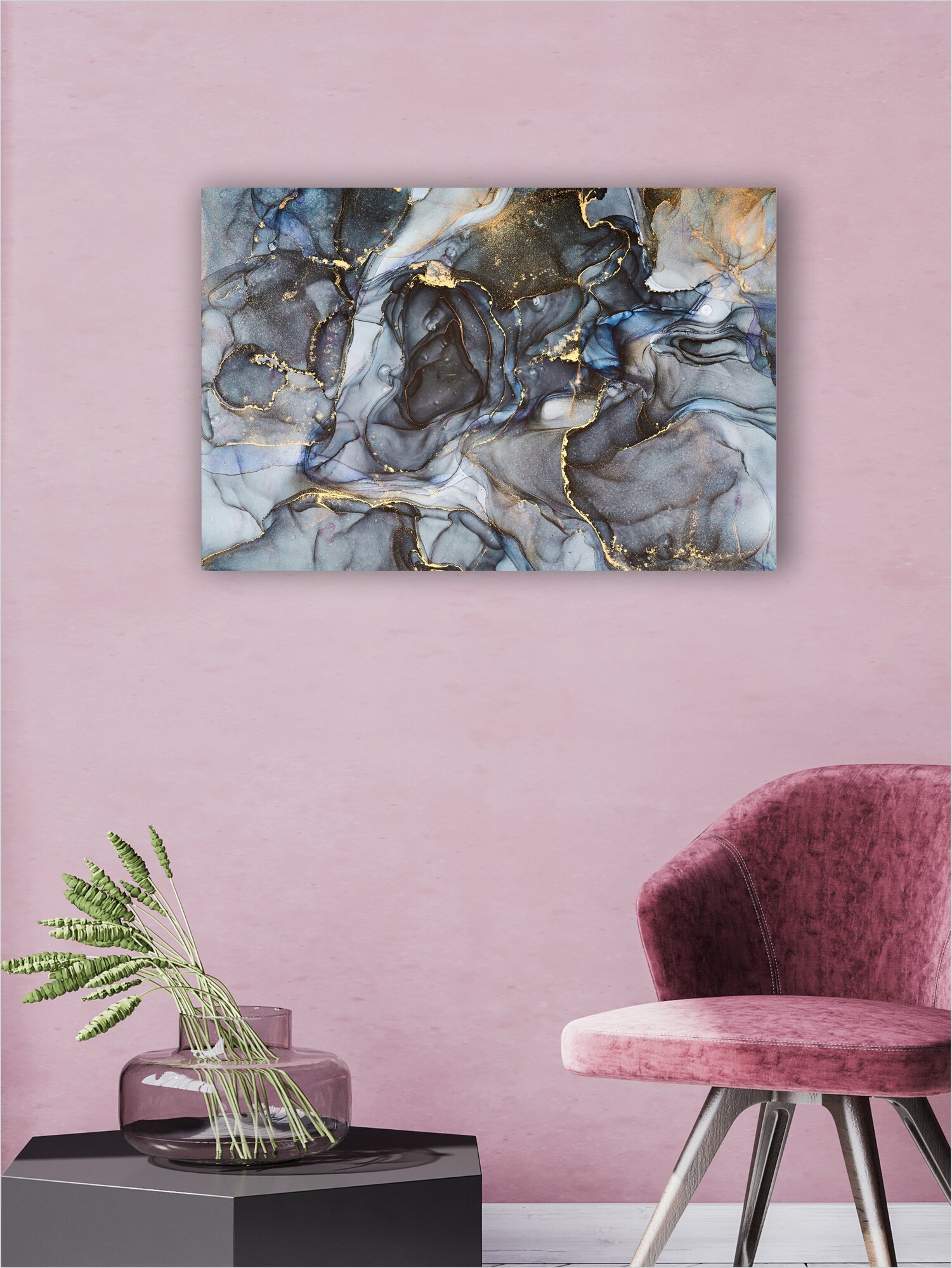 Картина для интерьера на стену абстракция. Серые с золотом разводы 50х70 см на холсте на подрамнике