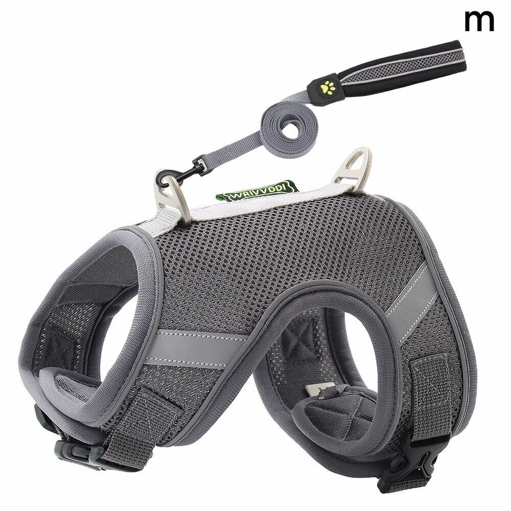 Шлейка и поводок для собак для прогулок. Мягкие регулируемые жилетные шлейки с защитой от побега (серый, M)